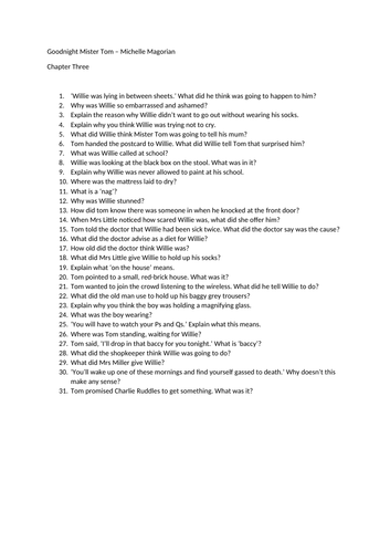 Goodnight Mister Tom Reading Comprehension Questions Chapters 1-5 ...