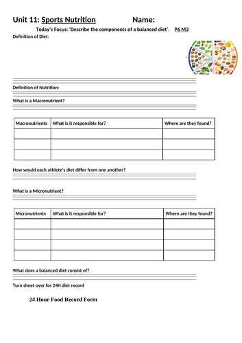 PE BTEC Level 3 Sports Science Unit 11: Nutrition P6 M3 Full Lesson ...