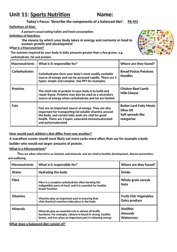 PE BTEC Level 3 Sports Science Unit 11: Nutrition P6 M3 Full Lesson ...