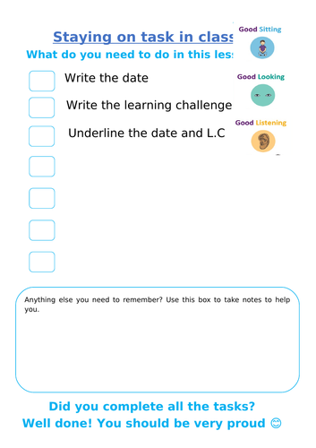 Staying on task in class- Visual aid | Teaching Resources