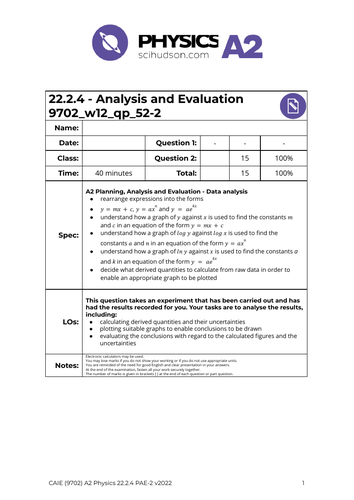 A2 Physics 9702 - PAE - Question 2 | Teaching Resources