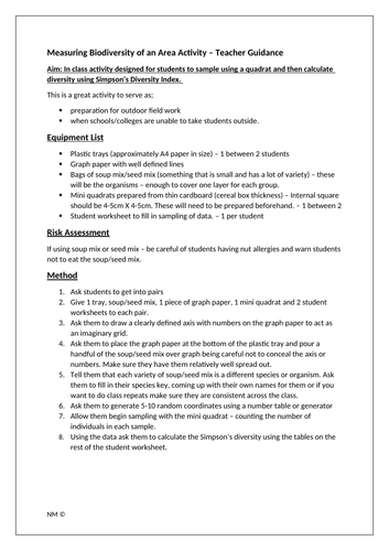 WJEC/EDUQAS Simpson's Diversity Index Activity, Powerpoint and ...