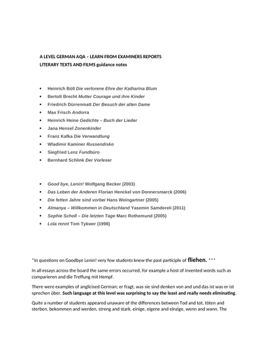 A LEVEL GERMAN AQA REVISION SHEET A* texts/ films extracts from ...