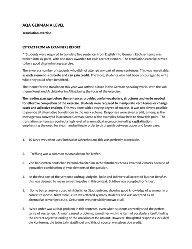 AQA A LEVEL GERMAN Examiners Report with additional notes on Grammar ...
