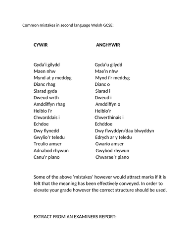 Second Language Welsh GCSE Revision Sheet Extract Examiners Report ...