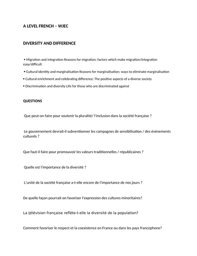 AQA A LEVEL FRENCH diversity and difference in France revision ...