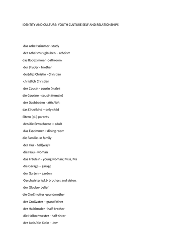 GCSE WJEC GERMAN A* Youth Culture Self and Relationships List of ...