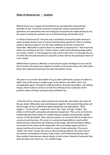 An analysis of Wilfred Owen's Poem Dulce et Decorum Est GCSE LITERATURE ...