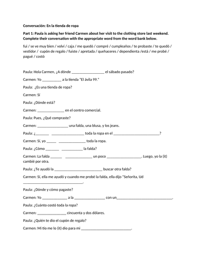 Reading la tienda de ropa | Teaching Resources