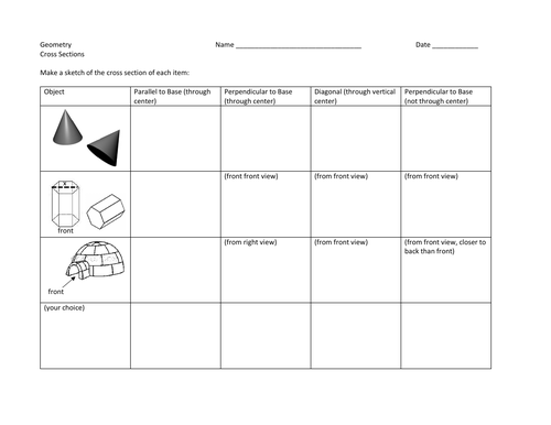 Cross sections of 3D objects practice chart | Teaching Resources
