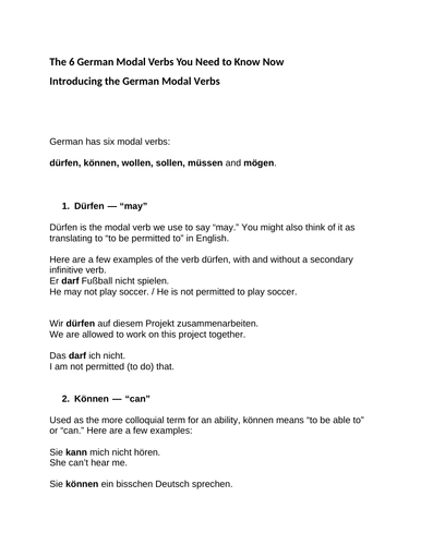 A* German GCSE THE 6 MODAL VERBS grammar and examples Revision ...
