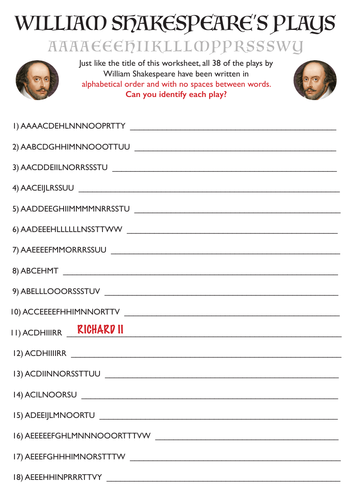 SHAKESPEARE PLAYS Missing vowels quizzes | Teaching Resources