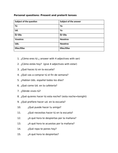 Personal questions: Present and preterit tenses | Teaching Resources