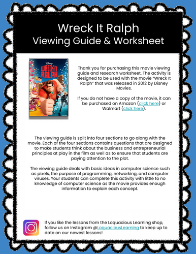 Wreck It Ralph Movie Viewing Guide (Basic Computer Science) | Teaching ...
