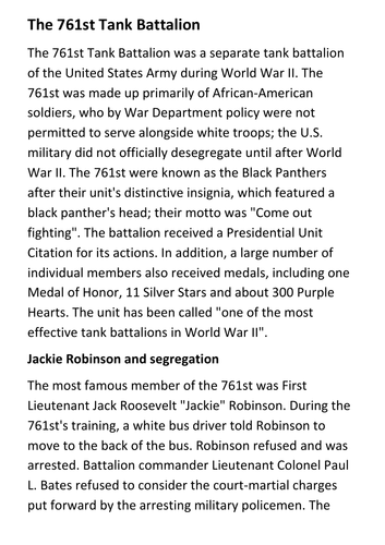The 761st Tank Battalion Handout | Teaching Resources