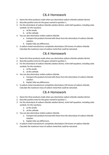 AQA GCSE Chemistry (9-1) - C6 Electrolysis ALL LESSONS | Teaching Resources
