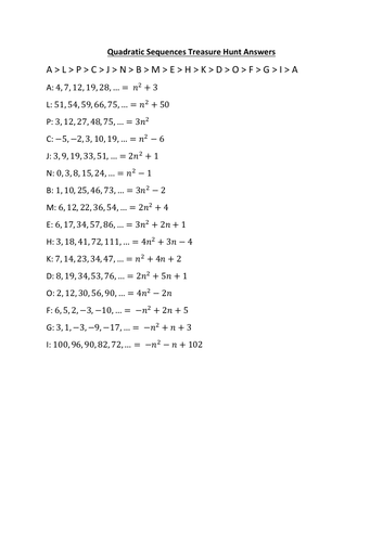 Quadratic Sequences Treasure Hunt | Teaching Resources