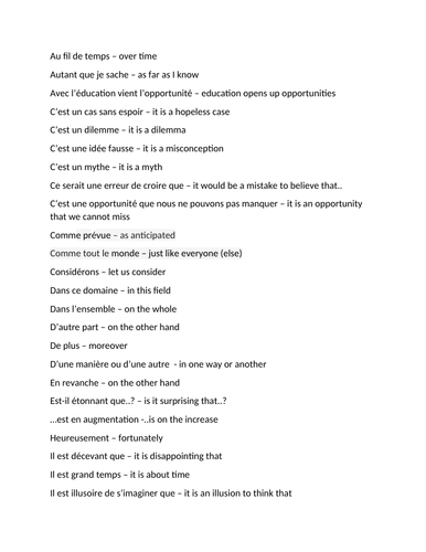 A level French essay writing sentence openers and advanced phrases ...