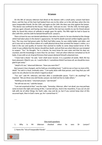 AQA Dr Lanyon Character Analysis Tasks: Dr Jekyll and Mr Hyde | Teaching Resources