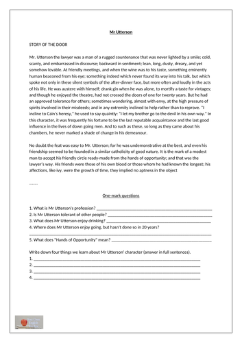 AQA Mr Utterson Character Analysis Tasks: Dr Jekyll and Mr Hyde | Teaching Resources