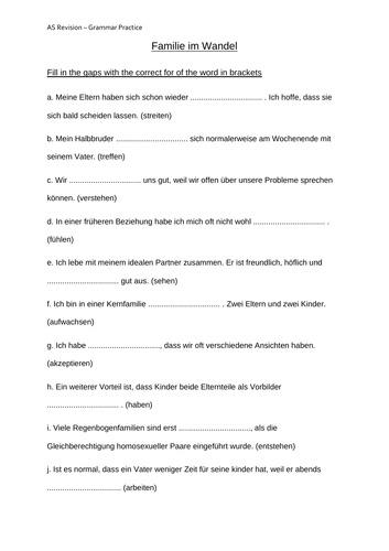 AS German - Familie im Wandel - Practice and Revision Worksheets ...