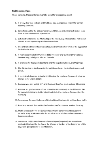 German Festivals and Traditions for A Level | Teaching Resources