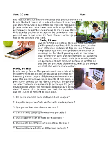 Les Réseaux Sociaux Lecture: Social Media and Technology French Reading ...
