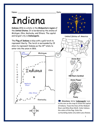 INDIANA Introductory Geography Printable Worksheet | Teaching Resources