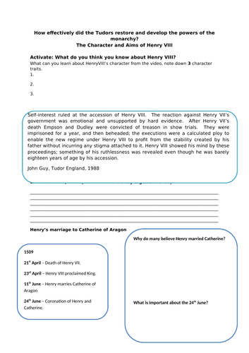 AQA 1C Henry VIII - Character and Aims (Lesson 1) - The Tudors: England ...