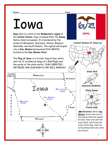 IOWA - Introductory Geography Worksheet | Teaching Resources