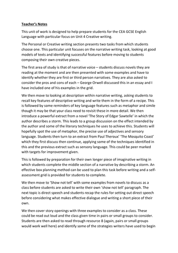 CCEA English Language GCSE Unit 4: Creative Writing Teaching Unit ...