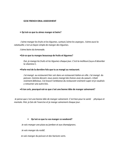 french gcse oral assessment la nourriture sample questions and answers ...
