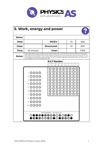 AS Physics 9702 - Quiz - 05. Work, energy and power | Teaching Resources