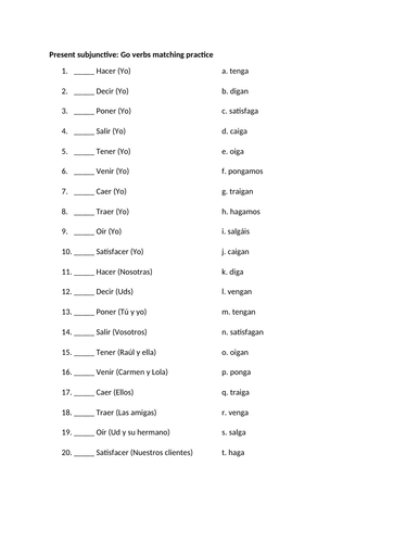 Subjunctive go verbs matching practice | Teaching Resources