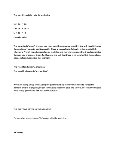 A LEVEL FRENCH REVISION SHEET ON THE PARTITIVE ARTICLE and the negative ...