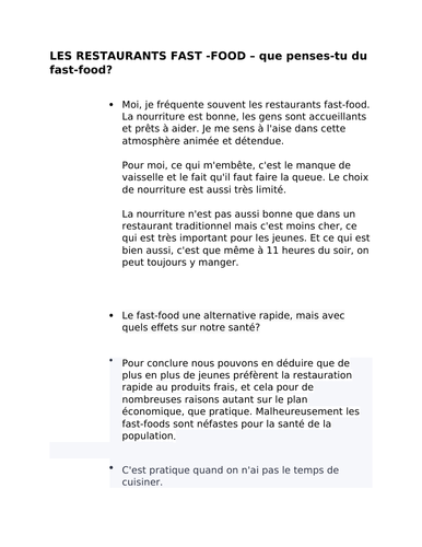 GCSE FRENCH A* LE FAST-FOOD, LES JEUNES, LA NOURRITURE, MANGER ...
