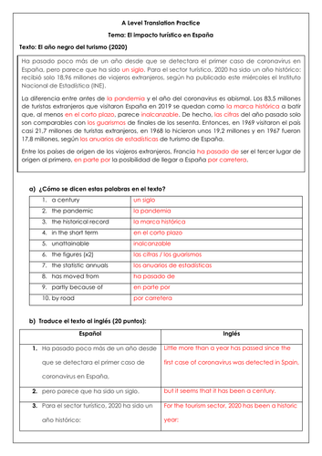 Spanish A Level Tourism in Spain and coronavirus - translations on el ...