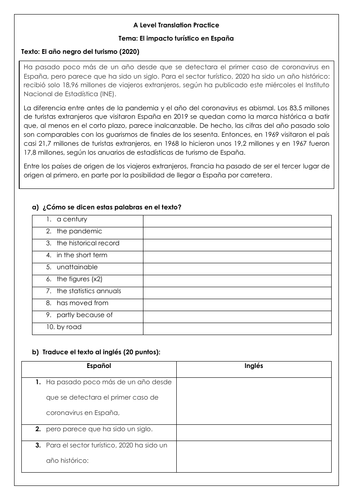 Spanish A Level Tourism in Spain and coronavirus - translations on el ...