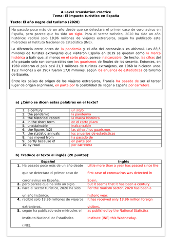 Spanish A Level Tourism in Spain and coronavirus - translations on el ...