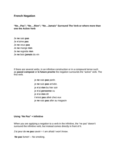 negation in French A level ; rules on where to place the 'ne..pas; 'ne ...