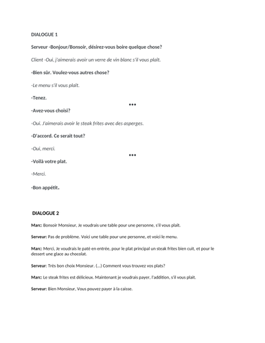 FRENCH GCSE revision sheet practice dialogues restaurant ordering food ...