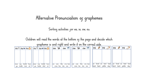Phase 5 Alternative pronunciation of ea, ie, ow, ou | Teaching Resources