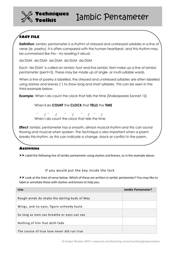 Iambic Pentameter – Techniques Toolkit – Worksheet and PowerPoint ...