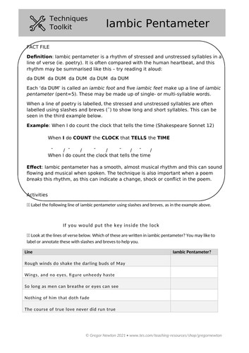 Iambic Pentameter – Techniques Toolkit – Worksheet and PowerPoint ...