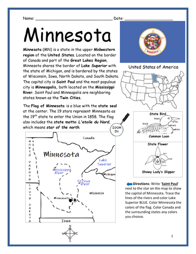 MINNESOTA - Introductory Geography Worksheet | Teaching Resources