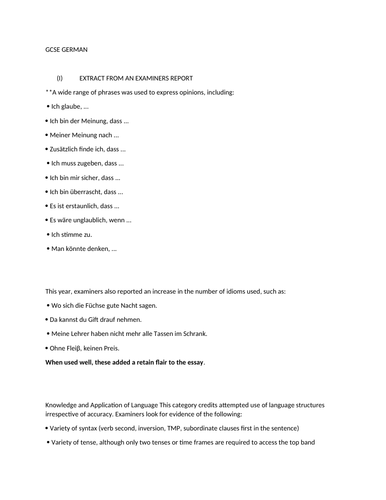 GCSE GERMAN REVISION SHEET - rules of grammar, examiners extract, past ...