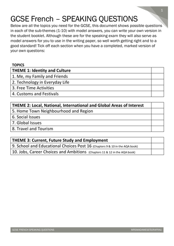 GCSE French Speaking - Model Answers HIGHER | Teaching Resources