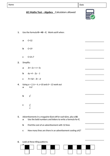 Year 7 Algebra test | Teaching Resources