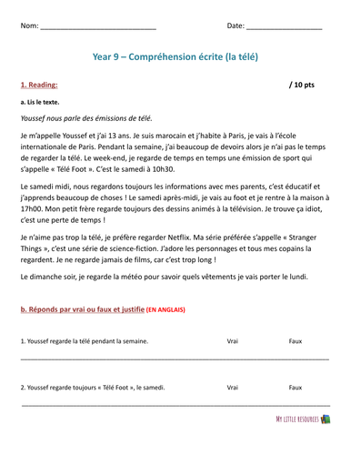 Reading comprehension - la télé | Teaching Resources