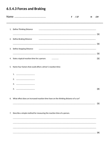 AQA GCSE Science Trilogy Physics Recall sheet. 6.5.4.3 Forces and Braking | Teaching Resources